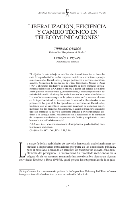 (PDF) Liberalizaci n, Eficiencia y Cambio T cnico en Telecomunicaciones