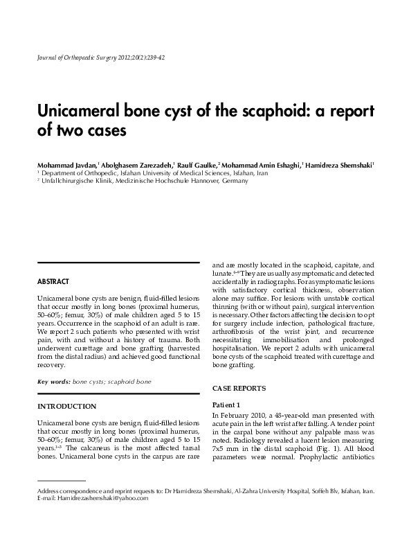 (PDF) Unicameral bone cyst of the scaphoid: a report of two cases