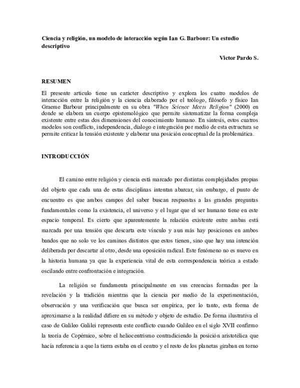 (PDF) Ciencia y religión, un modelo de interacción según Ian G. Barbour ...