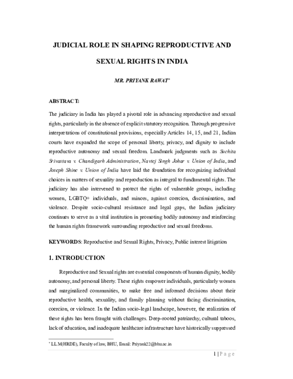 (PDF) JUDICIAL ROLE IN SHAPING REPRODUCTIVE AND SEXUAL RIGHTS IN INDIA