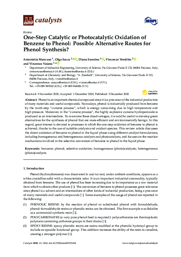 (PDF) One-Step Catalytic or Photocatalytic Oxidation of Benzene to ...