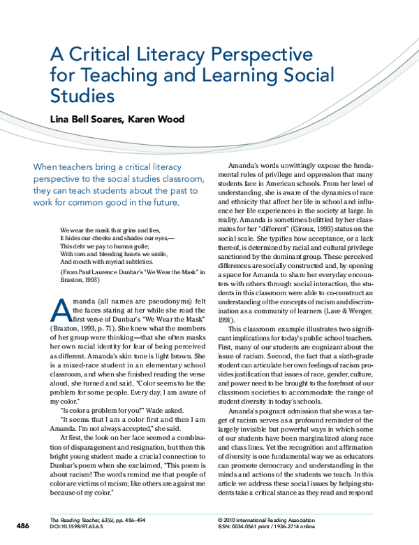 (PDF) A Critical Literacy Perspective for Teaching and Learning Social ...