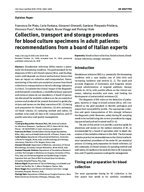 (PDF) Collection, transport and storage procedures for blood culture ...