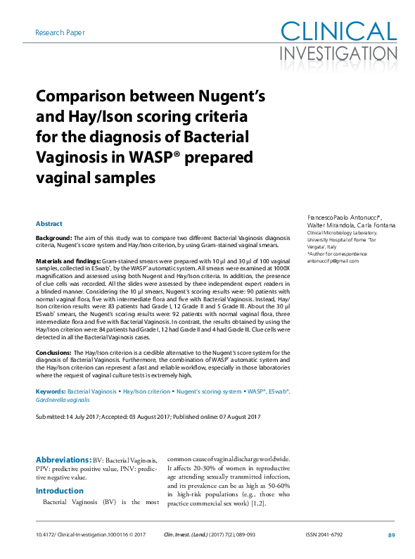 (PDF) Comparison between Nugent's and Hay/Ison scoring criteria for the ...