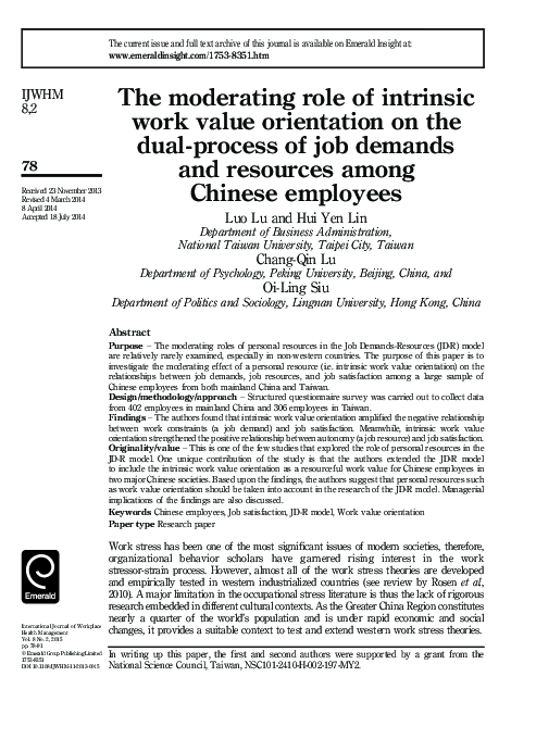 (PDF) The moderating role of intrinsic work value orientation on the ...