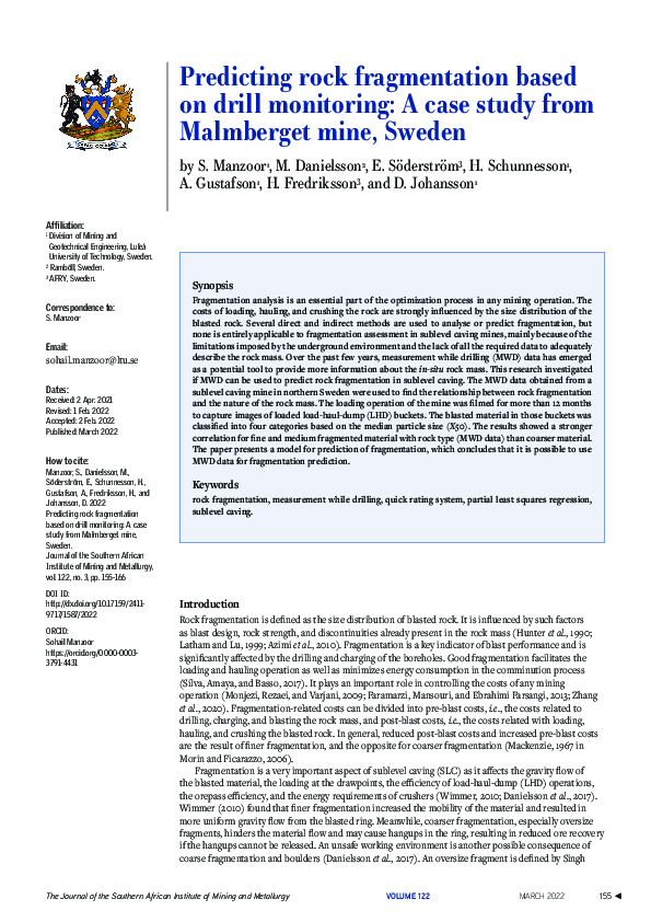 (PDF) Predicting rock fragmentation based on drill monitoring: A case ...