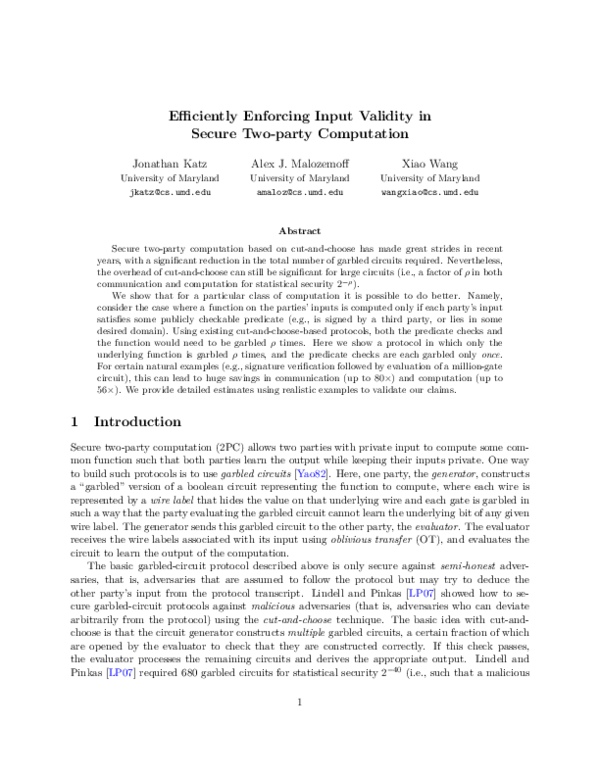 (PDF) Efficiently Enforcing Input Validity in Secure Two-party Computation