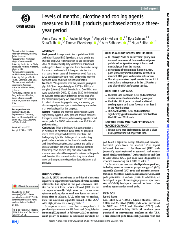 (PDF) Levels of menthol, nicotine and cooling agents measured in JUUL ...