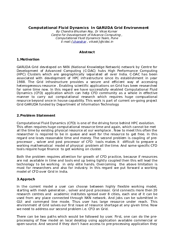 (PDF) Computational Fluid Dynamics In GARUDA Grid Environment