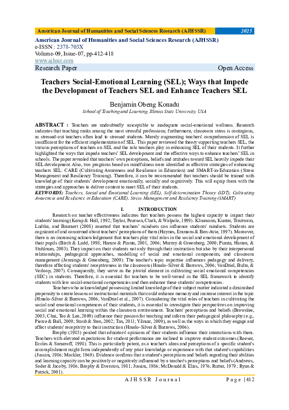 (PDF) Teachers Social-Emotional Learning (SEL); Ways that Impede the ...