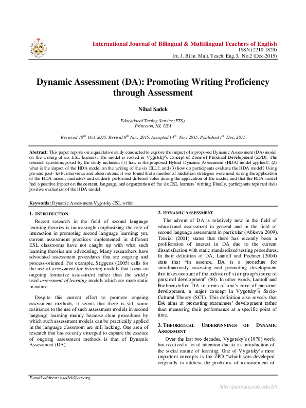 (PDF) Dynamic Assessment (DA): Promoting Writing Proficiency through Assessment