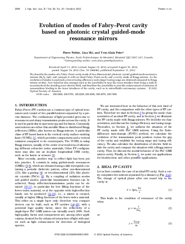 (PDF) Evolution of modes of Fabry–Perot cavity based on photonic crystal guided-mode resonance ...