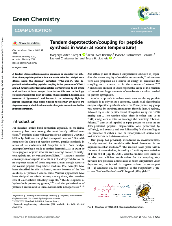 (PDF) Tandem deprotection/coupling for peptide synthesis in water at ...