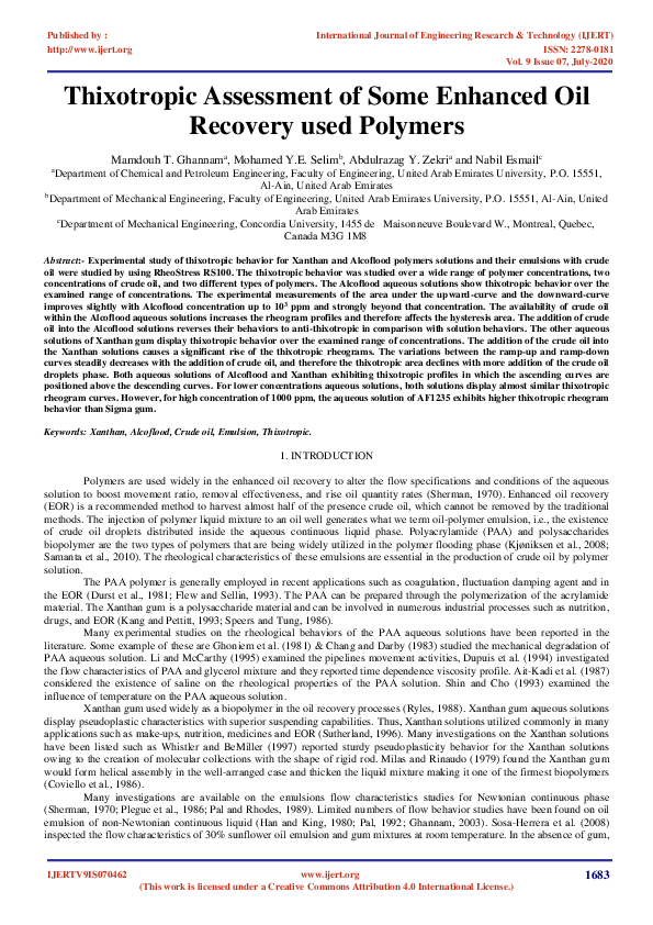 (PDF) Thixotropic Assessment of Some Enhanced Oil Recovery used Polymers