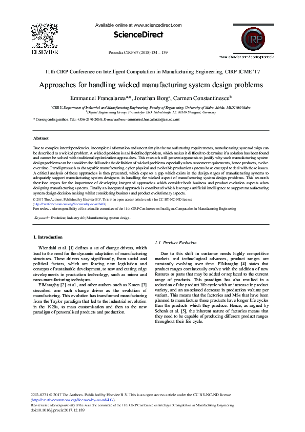 (PDF) Approaches for handling wicked manufacturing system design problems