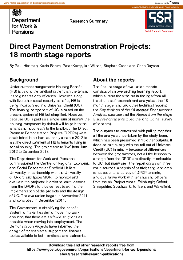 (PDF) Direct Payment Demonstration Projects: 18 month stage reports