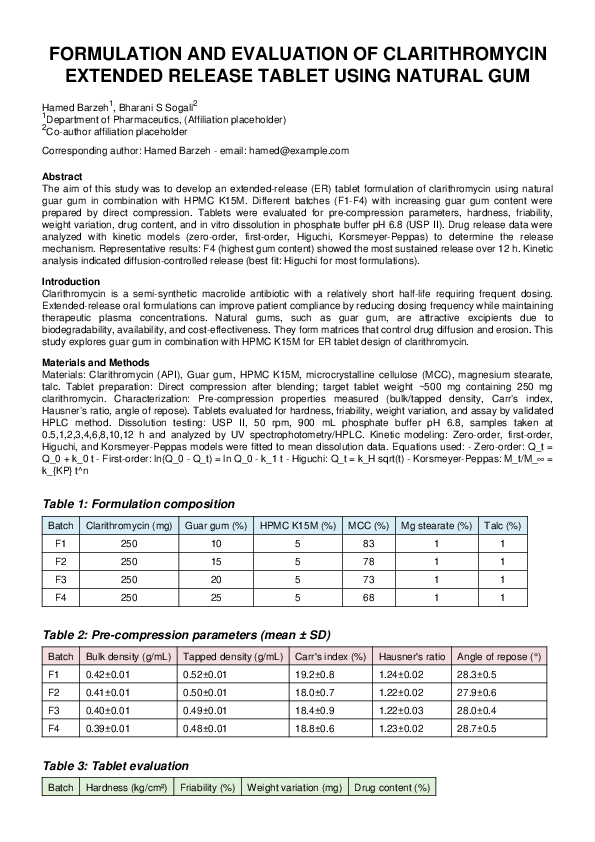 (PDF) FORMULATION AND EVALUATION OF CLARITHROMYCIN EXTENDED RELEASE ...