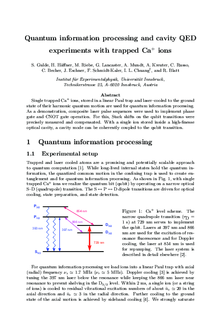 (PDF) Quantum information processing and cavity QED experiments with trapped Ca+ ions