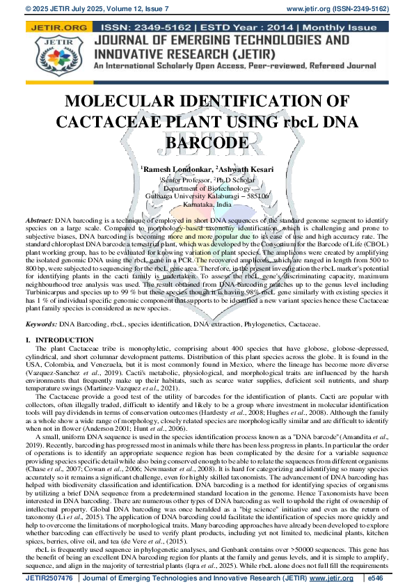 (PDF) MOLECULAR IDENTIFICATION OF CACTACEAE PLANT USING rbcL DNA BARCODE