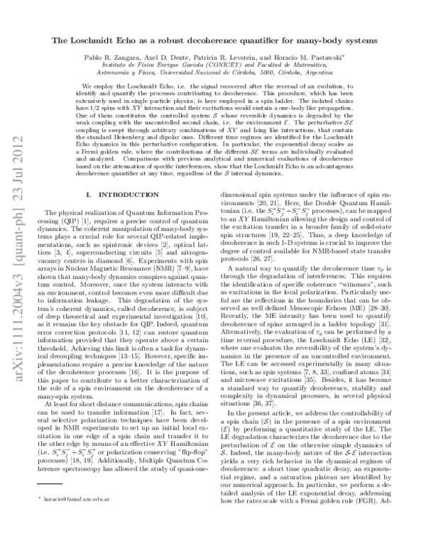 (PDF) Loschmidt echo as a robust decoherence quantifier for many-body ...