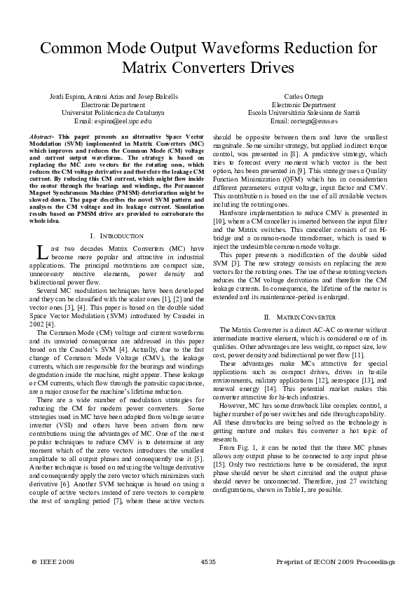 (PDF) Common mode output waveforms reduction for Matrix Converters drives