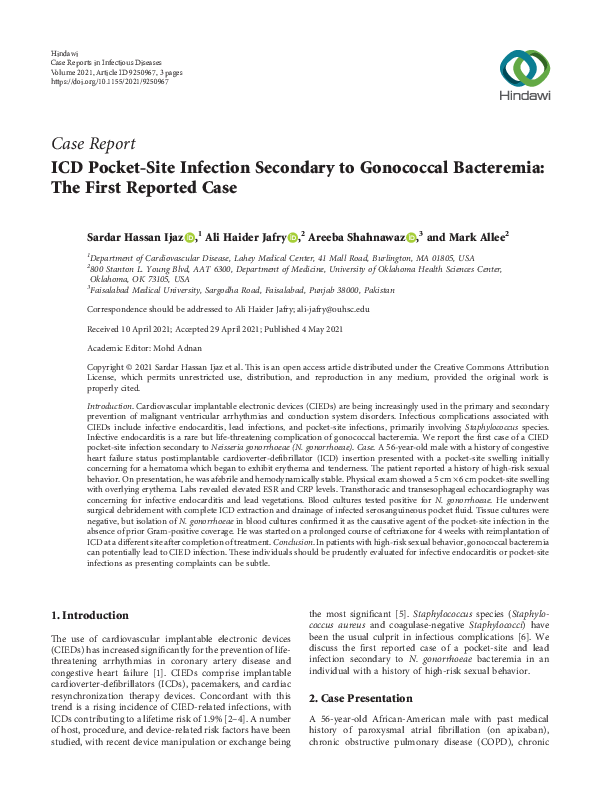 (PDF) ICD Pocket-Site Infection Secondary to Gonococcal Bacteremia: The ...