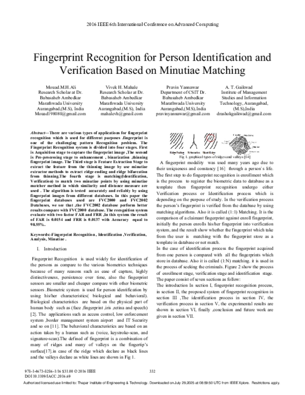 (PDF) Fingerprint Recognition for Person Identification and ...