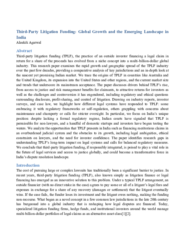 (PDF) Third-Party Litigation Funding: Global Growth and the Emerging ...
