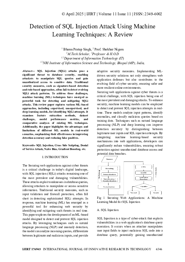 (PDF) Detection of SQL Injection Attack Using Machine Learning Techniques: A Review