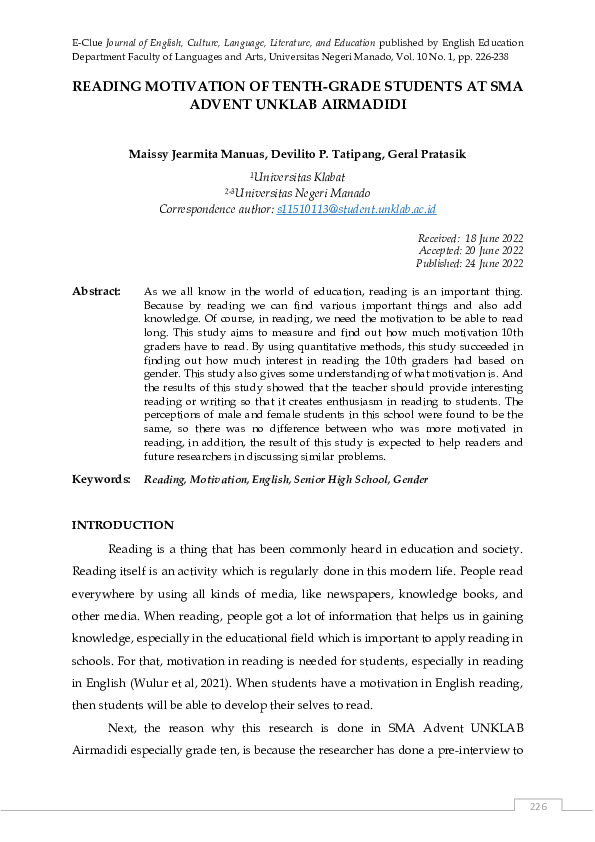 (PDF) Reading Motivation of Tenth Grade Students at Sma Advent Unklab ...