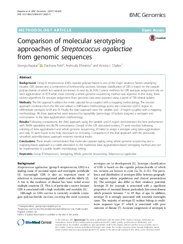 (PDF) Comparison of molecular serotyping approaches of Streptococcus ...