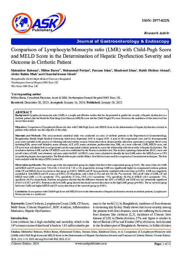 (PDF) Comparison of Lymphocyte/Monocyte ratio (LMR) with Child-Pugh ...