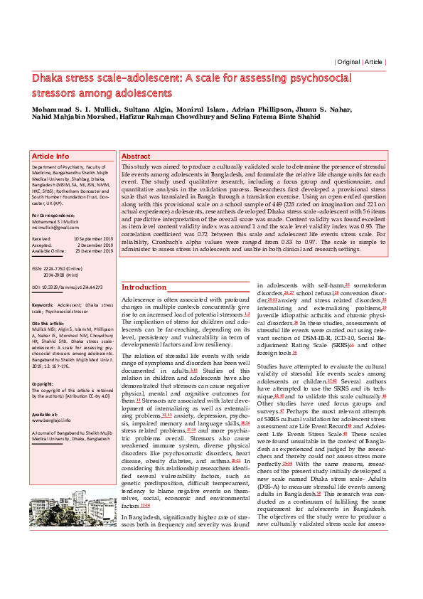 (PDF) Dhaka stress scale for adolescents: A scale for assessing ...