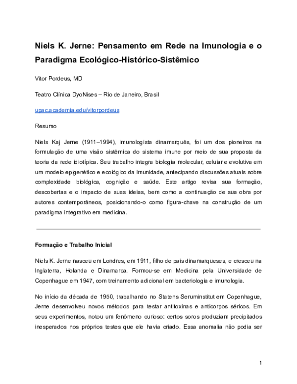 (PDF) Niels K. Jerne: Pensamento em Rede na Imunologia e o Paradigma ...