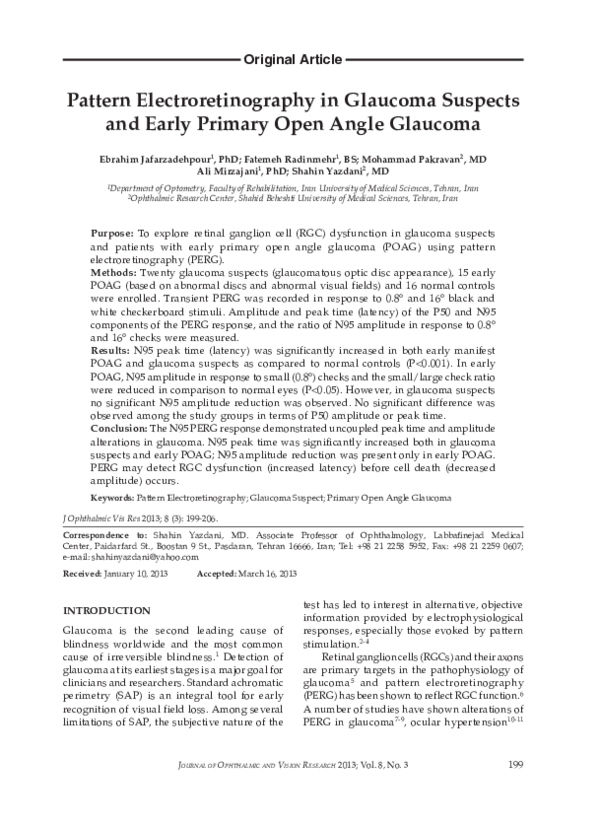 (PDF) Pattern electroretinography in glaucoma suspects and early primary open angle glaucoma