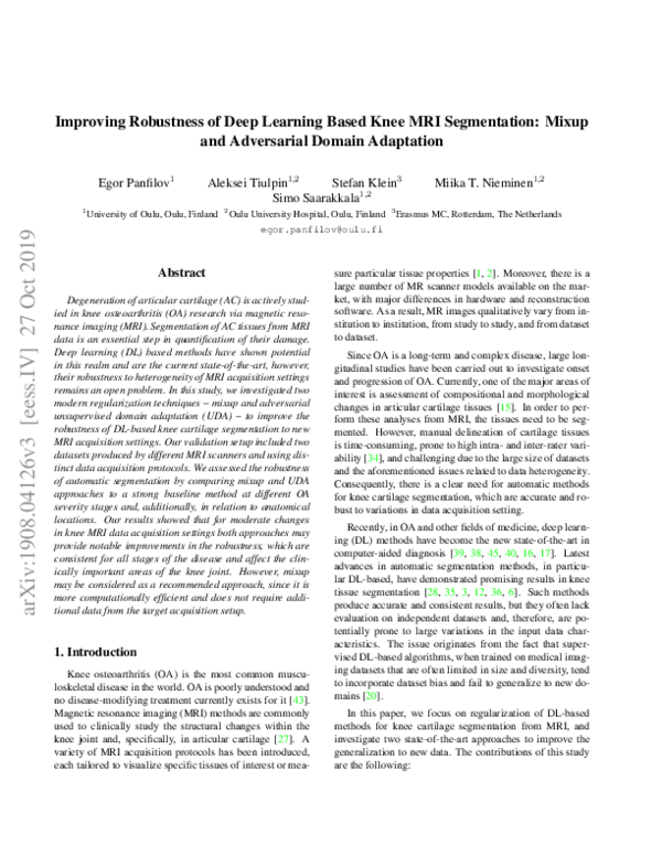 (PDF) Improving Robustness of Deep Learning Based Knee MRI Segmentation: Mixup and Adversarial ...