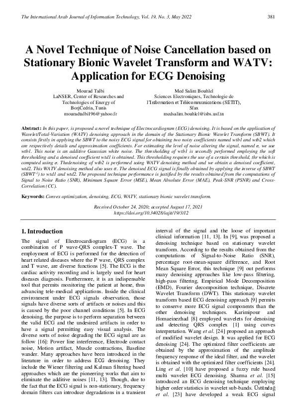 (PDF) A Novel Technique of Noise Cancellation based on Stationary Bionic Wavelet Transform and ...