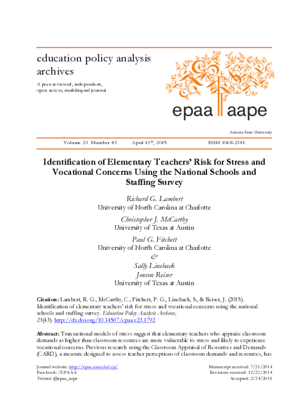 (PDF) Identification of Elementary Teachers’ Risk for Stress and Vocational Concerns Using the ...