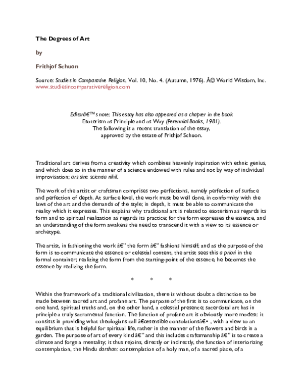 (PDF) The Degrees of Art by Frithjof Schuon.