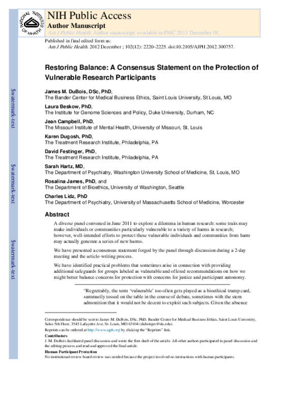 (PDF) Restoring Balance: A Consensus Statement on the Protection of ...