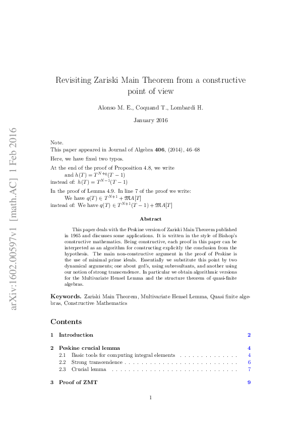 (PDF) Revisiting Zariski Main Theorem from a constructive point of view