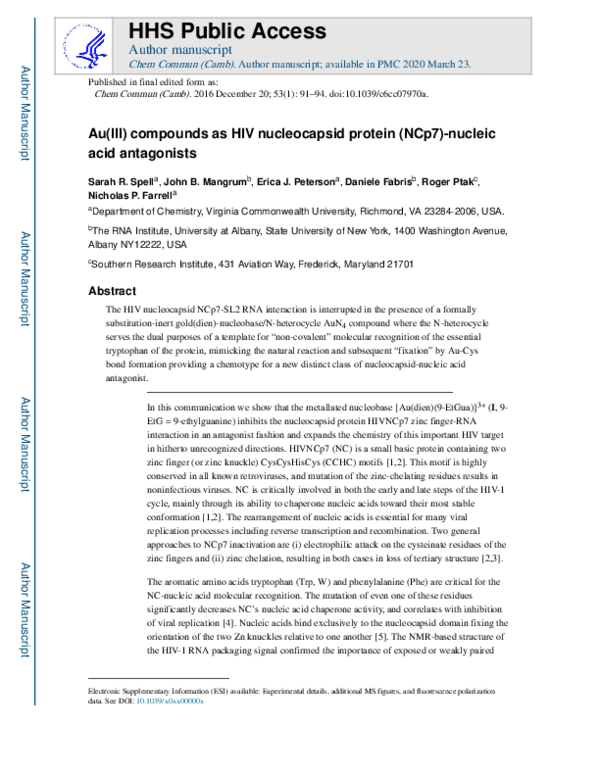 (PDF) Au( iii ) compounds as HIV nucleocapsid protein (NCp7)–nucleic ...