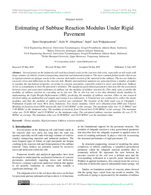 (PDF) Estimating of Subbase Reaction Modulus Under Rigid Pavement