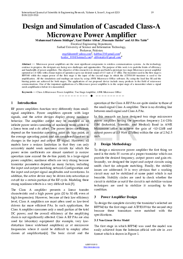 (PDF) Design and Simulation of Cascaded Class-A Microwave Power Amplifier