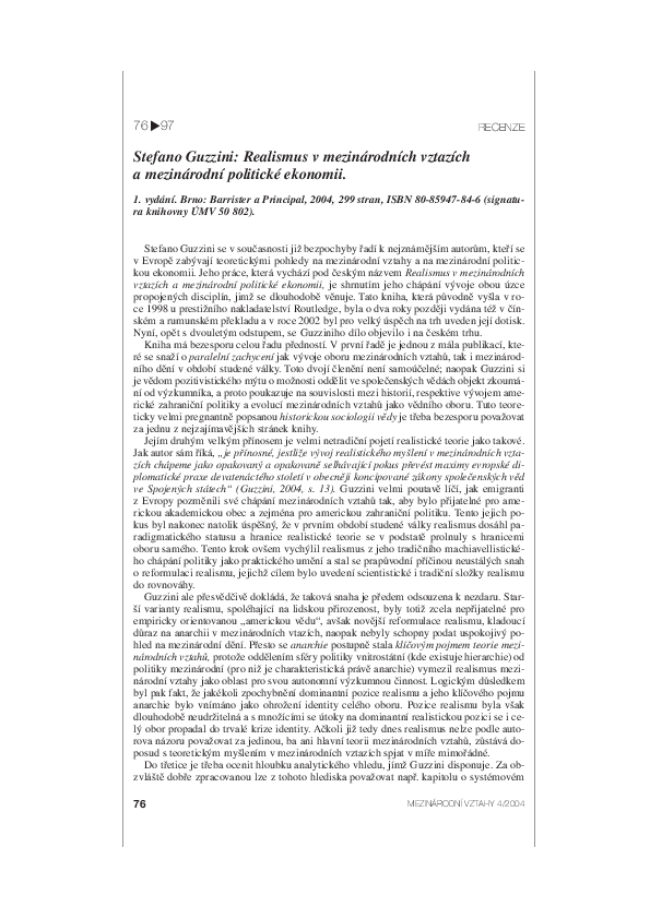 (PDF) Stefano Guzzini: Realismus v mezinárodních vztazích a mezinárodní ...
