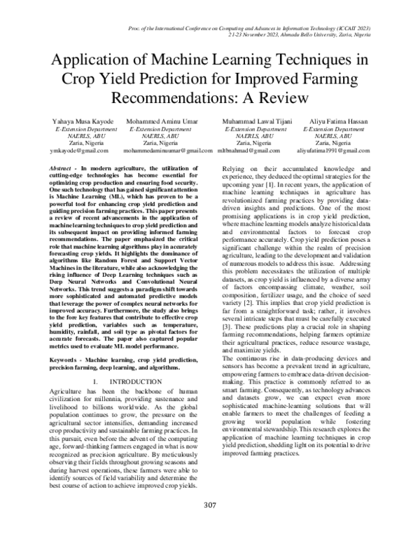(PDF) Application of Machine Learning Techniques in Crop Yield Prediction for Improved Farming ...