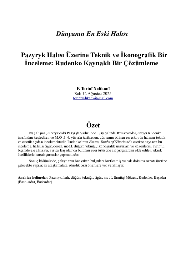(PDF) Dünyanın En Eski Halısı - Pazyryk (Pazırık) Halısı Üzerine Teknik ...