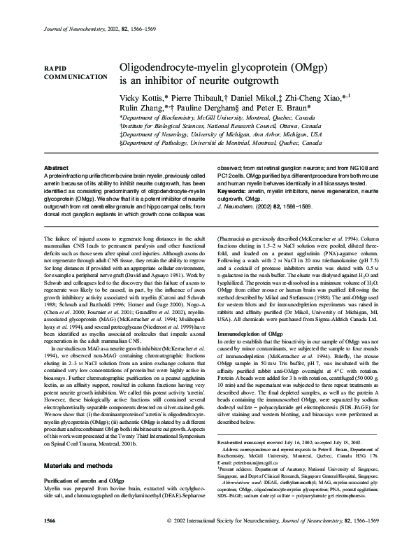 (PDF) Oligodendrocyte‐myelin glycoprotein (OMgp) is an inhibitor of ...