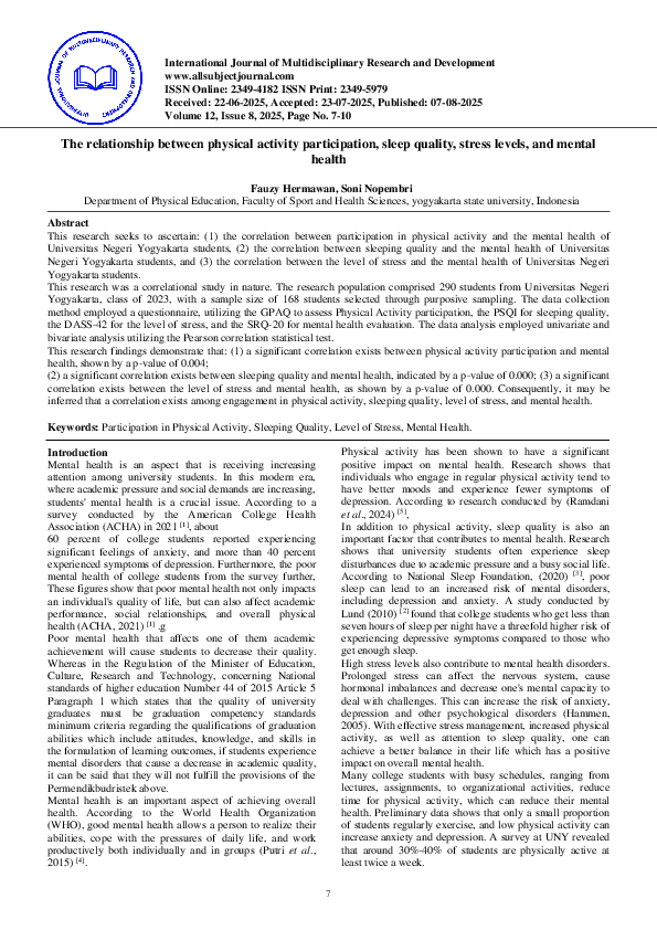 (PDF) The relationship between physical activity participation, sleep quality, stress levels ...