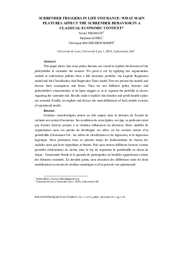 (PDF) Surrender triggers in life insurance: what main features affect ...